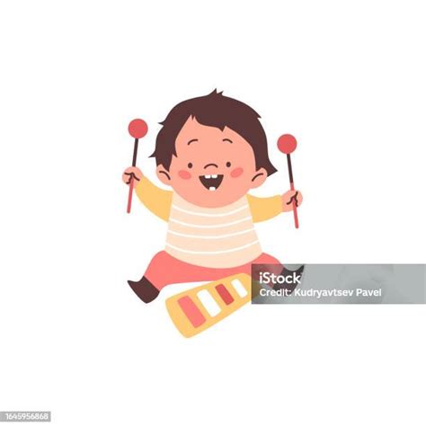 실로폰 장난감을 연주하는 행복한 아기 흰색 배경에 분리된 평면 벡터 그림 유치원이나 보육원에서 즐거운 시간을 보내는 귀여운 아이 검은색에 대한 스톡 벡터 아트 및 기타