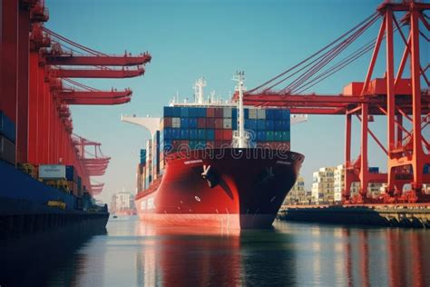 Container Ship At The Berth In Cargo Terminal Of The Port Under Loading Port Cranes Load