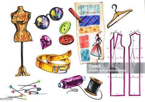 바느질 워크샵 액세서리 손으로 그린 수채화 일러스트 세트 허리띠에 대한 스톡 벡터 아트 및 기타 이미지 허리띠 패션 배경 주제 Istock