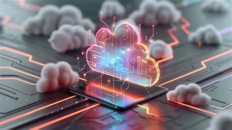 Iot Devices Connected To A Holographic Cloud Vibrant Colors Digital Stock Illustration