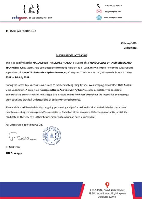 Helloconnections Internship Internshipcertificate Codegnan Prasad Mallampati