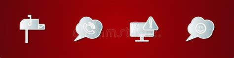 Set Open Mail Box Speech Bubble With Phone Call Monitor Exclamation Mark And Smile Face Icon