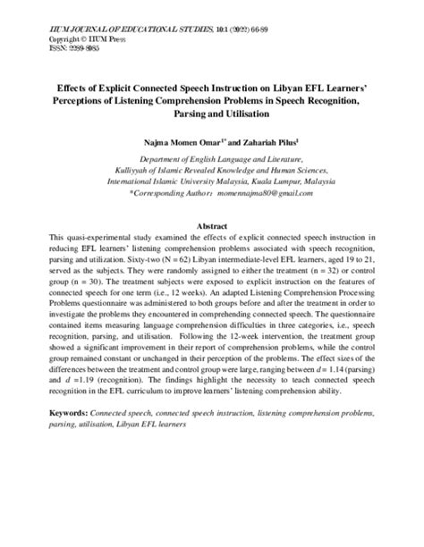 Pdf Effects Of Explicit Connected Speech Instruction On Libyan Efl Learners Perceptions Of