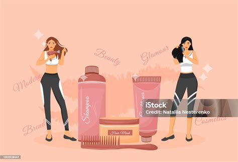 헤어 케어 절차 및 제품 플랫 컨셉 벡터 일러스트 웹 디자인용 샴푸와 컨디셔너 2d 만화 캐릭터를 사용하여 헤어드라이어와 빗을