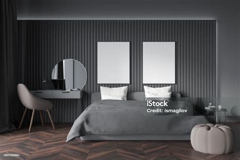 침대 린넨 및 직장 모형 포스터가있는 어두운 침실 인테리어 0명에 대한 스톡 사진 및 기타 이미지 0명 3차원 형태 가구 Istock