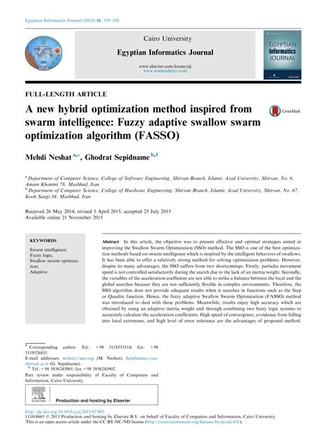 Pdf A New Hybrid Optimization Method Inspired From Swarm Intelligence Fuzzy Adaptive Swallow