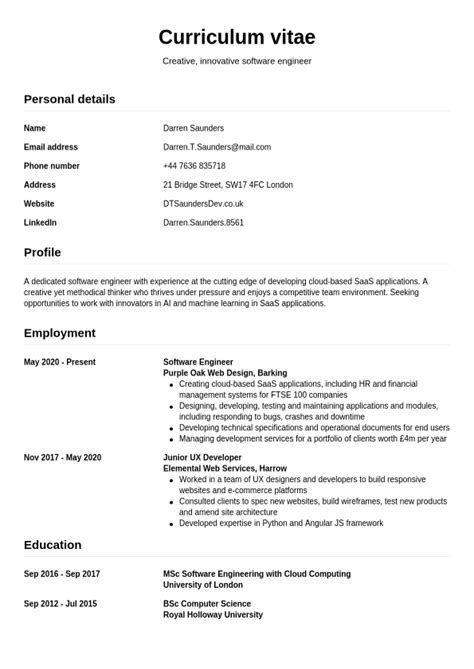 Software Engineer CV Example Jobseeker