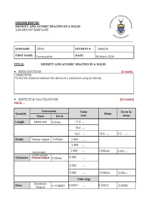Exp01 Atomic Spacing Lab Report Online Exp 01 Density And Atomic