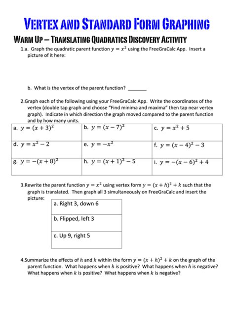vertex and standard form graphing printable pdf download