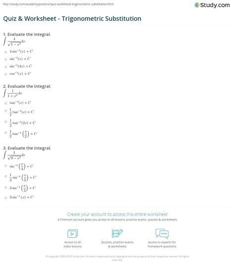 Quiz And Worksheet Trigonometric Substitution