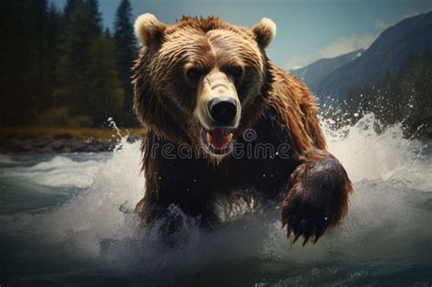 Natures Danger Captured Grizzly Bear Catching Salmon In A River Stock Illustration