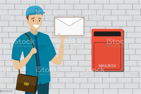 제복을 입은 행복한 백인 우체부 우체부는 벽돌 벽에 편지 빨간 금속 사서함을 보유하고 있습니다 게시물에 대 한 만화 레터 박스 우체부에 대한 스톡 벡터 아트 및 기타 이미지