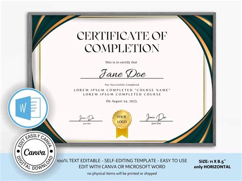 Editable Certificate Of Completion Template Award Template Etsy