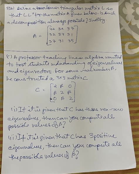 Solved 3b Derine A Louer Triangular Matrix L So That Lltr