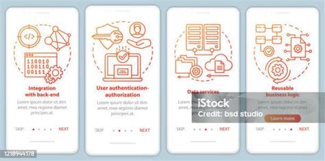 소프트웨어 개발 온보딩 모바일 앱 페이지 화면 벡터 템플릿 응용 프로그램 프로그래밍 선형 일러스트레이션이 있는 웹 사이트 연습