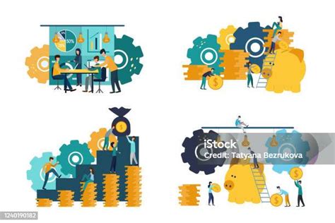 사무실의 장면 모음입니다 많은 남성과 여성이 비즈니스 회의 협상 사람들은 돈을 벌고 목표를 달성에 참여합니다 플랫 만화 스타일의 다채로운 벡터 일러스트레이션 개념에 대한