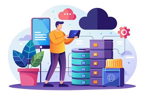 A Man Stands With A Mobile Device Backing Up A Database To Cloud Storage In A Techrepresentative