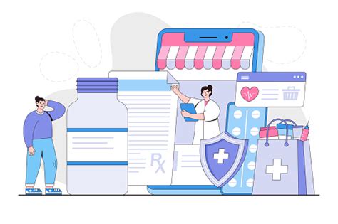 스마트폰 내부의 온라인 약국에서 여성 의사 약사가 있는 온라인 약국 개념 의약품 의료 용품 알약 및 마약을 구입하는 남자 랜딩 페이지에 대한 최소 벡터 그림 개념에 대한