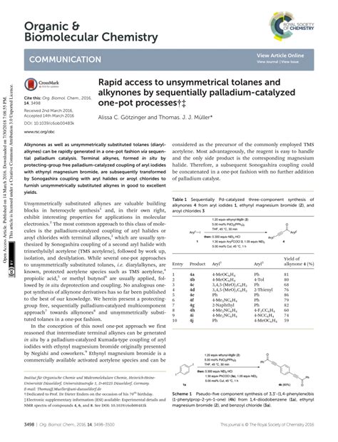 Pdf Rapid Access To Unsymmetrical Tolanes And Alkynones By