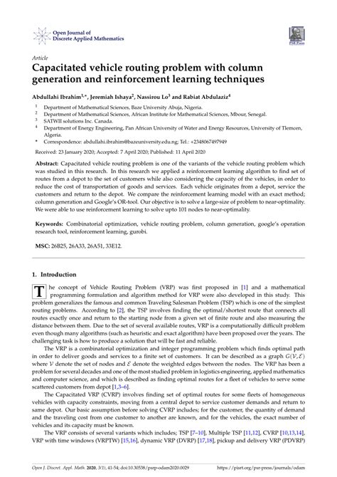 PDF Capacitated Vehicle Routing Problem With Column Generation And Reinforcement Learning