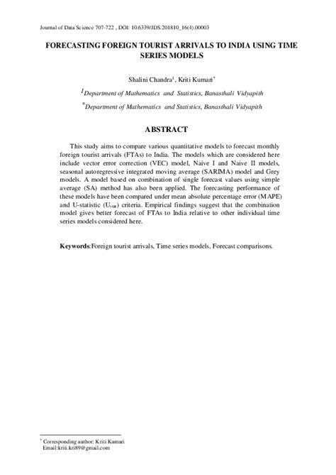 Pdf Forecasting Foreign Tourist Arrivals To India Using Time Series Models
