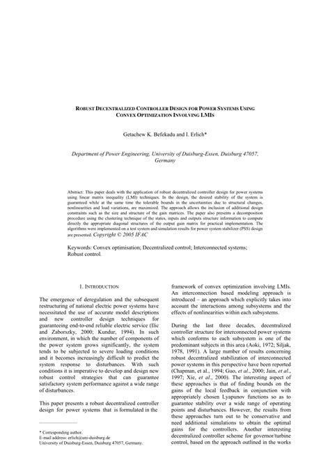 Pdf Robust Decentralized Controller Design For Power Systems Using Convex Optimization