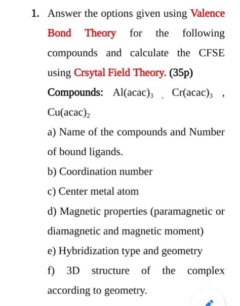 Solved Answer The Options Given Using Valence Bond Theory Chegg Com