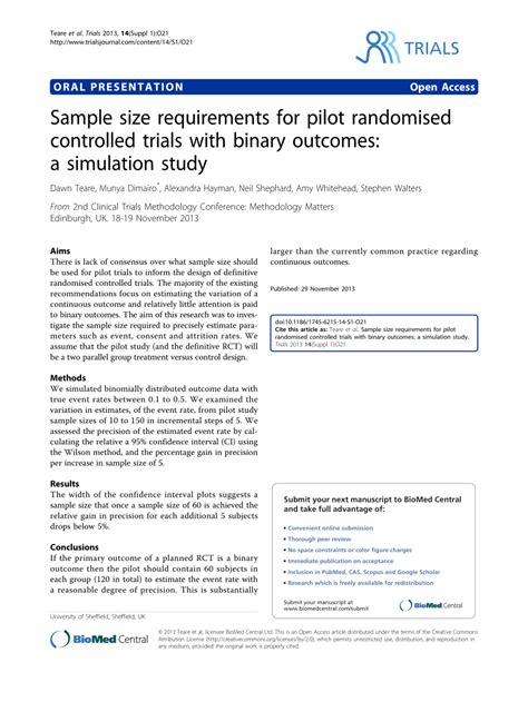 Pdf Sample Size Requirements For Pilot Randomised Controlled Trials With Binary Outcomes A