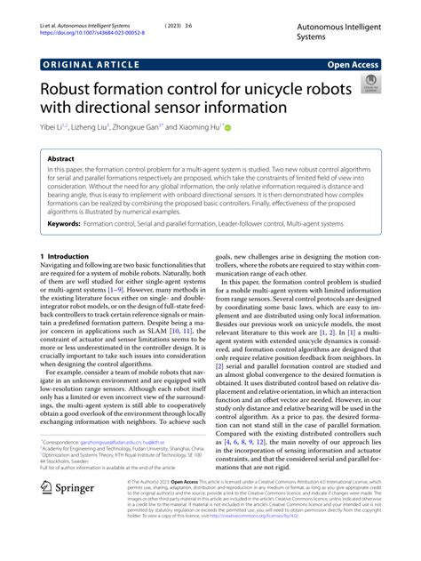 Pdf Robust Formation Control For Unicycle Robots With Directional Sensor Information
