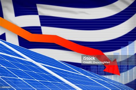 그리스 태양 에너지 파워 하강 차트 화살표 아래로녹색 자연 에너지 산업 그림 3d 일러스트레이션 0명에 대한 스톡 사진 및 기타