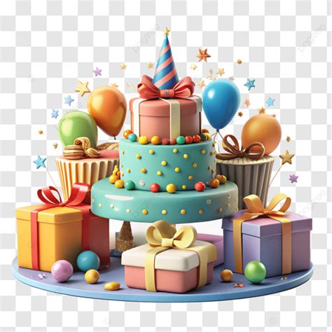 풍선과 선물 클립 아트 그림 3d 렌더링 생일 케이크 생일 케이크 클립 아트 3차원 생일 케이크 Png 일러스트 및 이미지