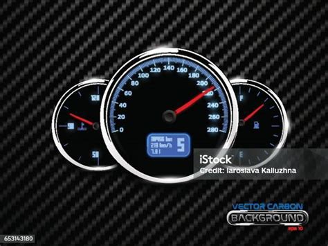 블랙 카본 배경 벡터 크롬 링 속도계 발광 가스 및 온도 자동 패널입니다 속도 포스터 디자인 요소 가벼운에 대한 스톡 벡터 아트