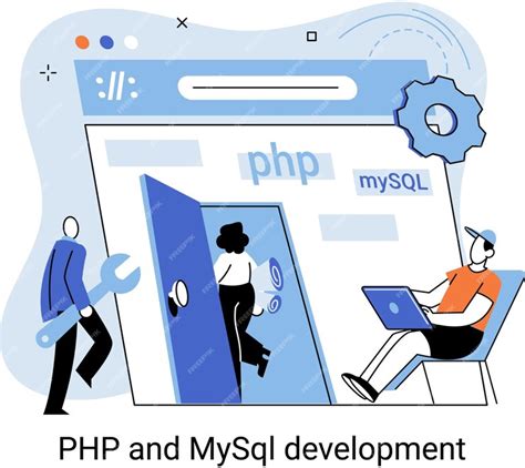 premium vector php and mysql development metaphor software website developer with computer