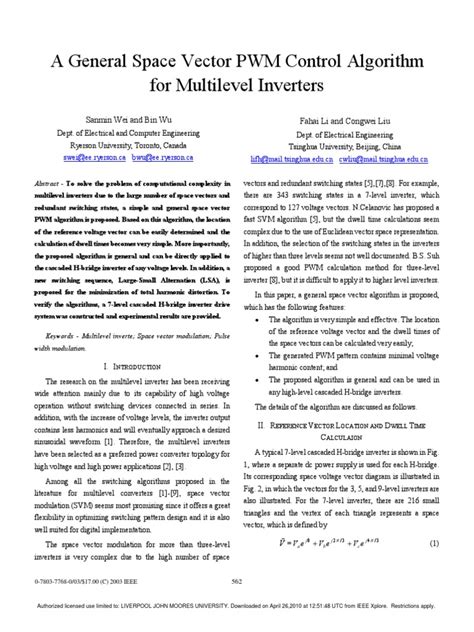 a general space vector pwm control algorithm for multilevel inverters sanmin wei bin wu pdf