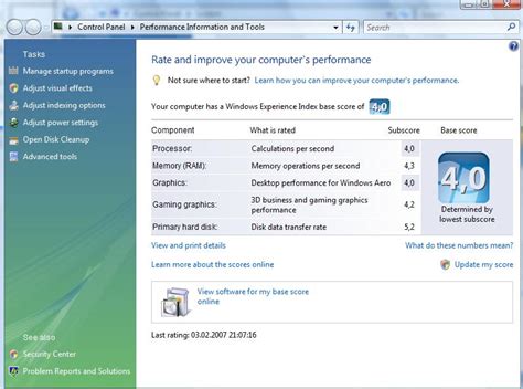 overall windows system performance rating