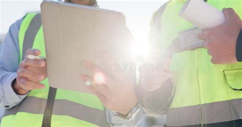 Architecture Tablet And Teamwork With Blueprint With People In City For Project Management