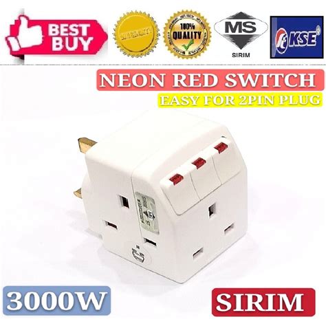 3 Way Multi Adaptor With Neon Switch 3000w Sirim Approved Easy For