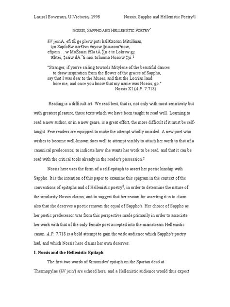 Nossis Sappho And Hellenistic Poetry Pdf Ancient Greek Literature