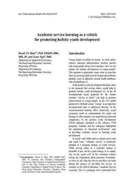 Academic Service Learning As A Vehicle For Promoting Holistic Youth