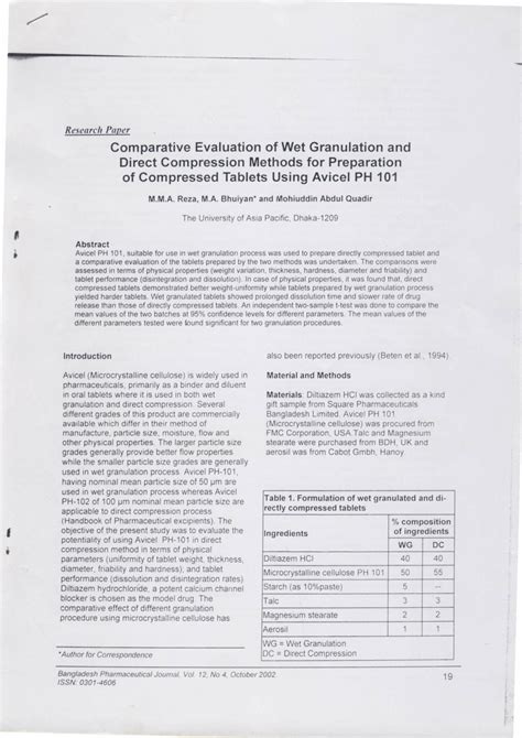 Pdf Comparative Evaluation Of Wet Granulation And Direct Compression Methods For Preparation