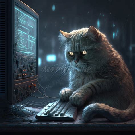 A Gray Hacker Cat Sitting Behind A Computer And Typing On A Keyboard Created With Generative Ai