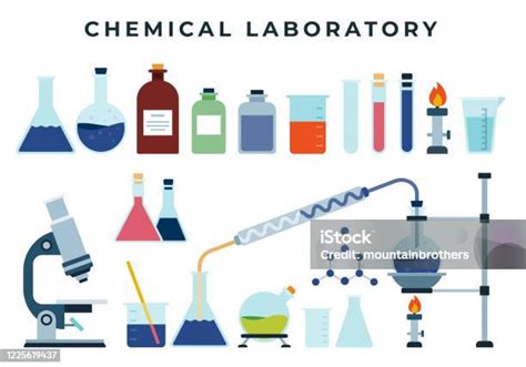 화학 훈련 또는 연구 실험실 장비 평면 아이콘 세트 플라스크 스피릿 램프 시험관 현미경 시약 비커 화학 물질 비커에 대한 스톡