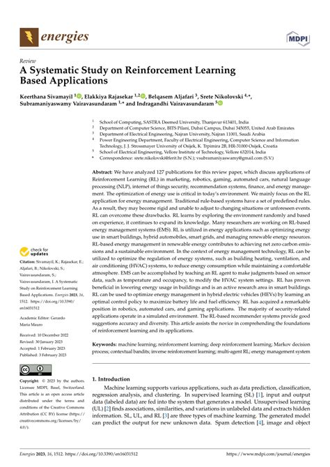 PDF A Systematic Study On Reinforcement Learning Based Applications