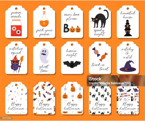 할로윈 기호와 글자 문구와 다채로운 선물 태그 세트 유령의 집 유령 독 눈이있는 항아리 소름 끼치는 고양이 흰색 배경의 플랫 벡터 그림입니다 Diy에 대한 스톡 벡터 아트