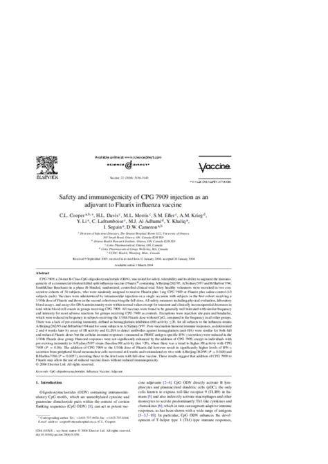 Pdf Safety And Immunogenicity Of Cpg 7909 Injection As An Adjuvant To Fluarix Influenza Vaccine