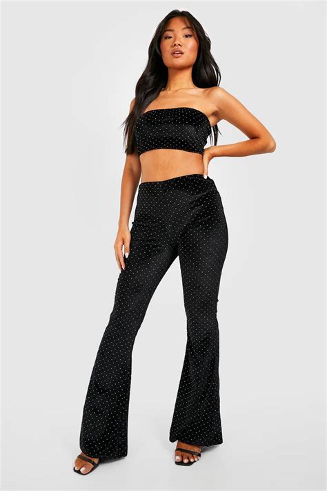 Boohoo Petite Stud Velvet Bandeau And Flare Co Ord Debenhams