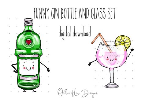 Cute Gin Bottle And Glass Funny Gin Clipart Set Digital Etsy Uk
