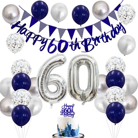 60th Birthday Decorations For Men Women Blue Silver White