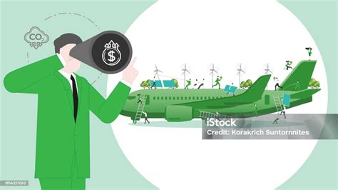 Esg 지속가능성 비즈니스 비전을 제시합니다 탄소 배출권 비전은 탄소 발자국과 이산화탄소를 줄이는 것부터 탄소 상쇄까지 줄입니다 비행기의 비전 개념에 대한 스톡 벡터 아트