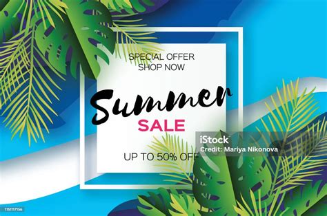 최신 유행 여름 판매 템플릿 배너입니다 종이 잘라 아트 열 대 야자수 잎 식물 이국적인 하와이 텍스트에 대 한 공간입니다 정사각형 프레임 어두운 녹색 정글 꽃 배경입니다